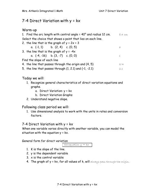 7-4 Direct Variation with y = kx notes