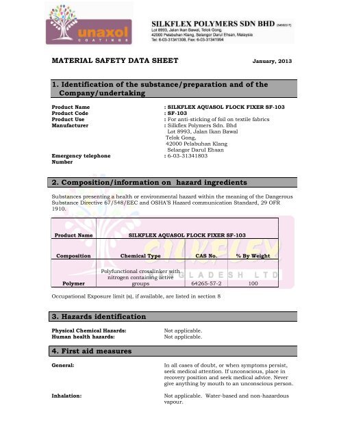 MATERIAL SAFETY DATA SHEET 1. Identification of the substance ...