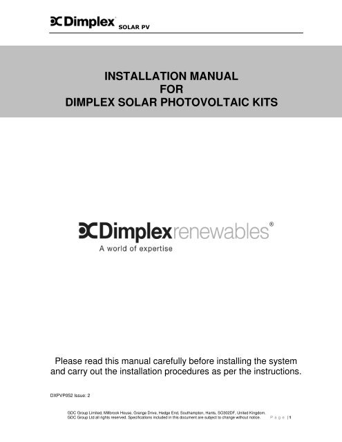 installation manual for dimplex solar photovoltaic kits
