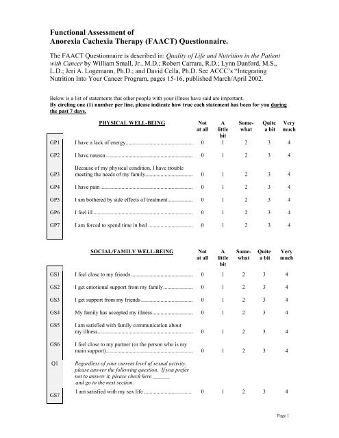 Functional Assessment of Anorexia Cachexia Therapy