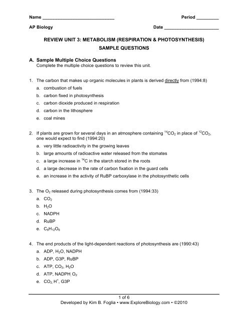 REVIEW UNIT 3: METABOLISM (RESPIRATION ... - Explore Biology