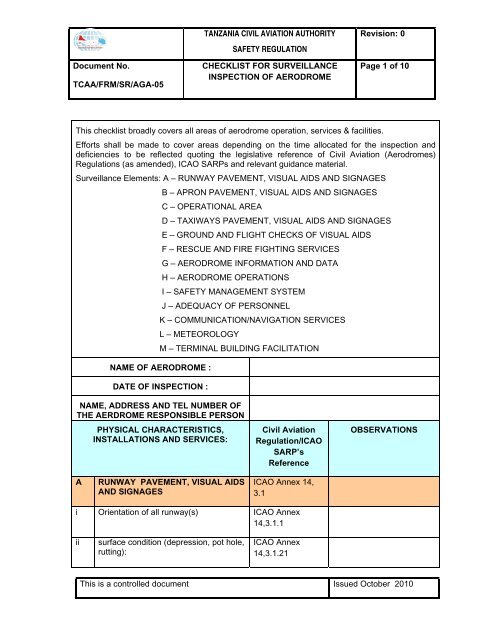 Checklist for Surveillance of Aerodromes - Tanzania Civil Aviation ...