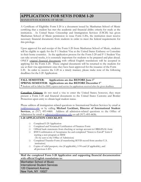 APPLICATION FOR SEVIS FORM I-20 - Manhattan School of Music