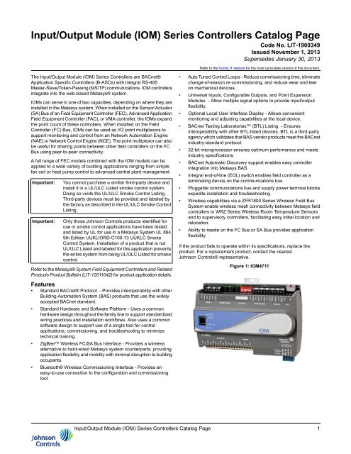 (IOM) Series Controllers Catalog Page - Johnson Controls ...