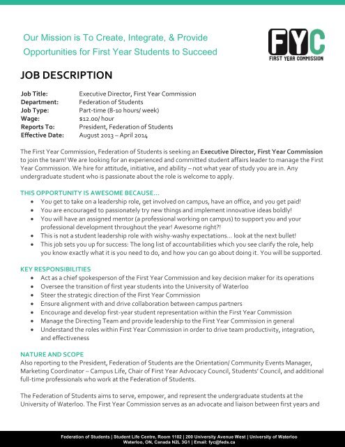 JOB DESCRIPTION - Federation of Students