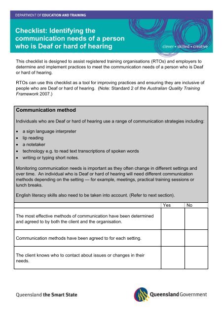 Checklist: Identifying the communication needs of a person who is ...