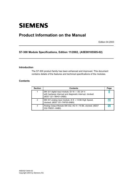 SIMATIC S7-300 Module Specifications