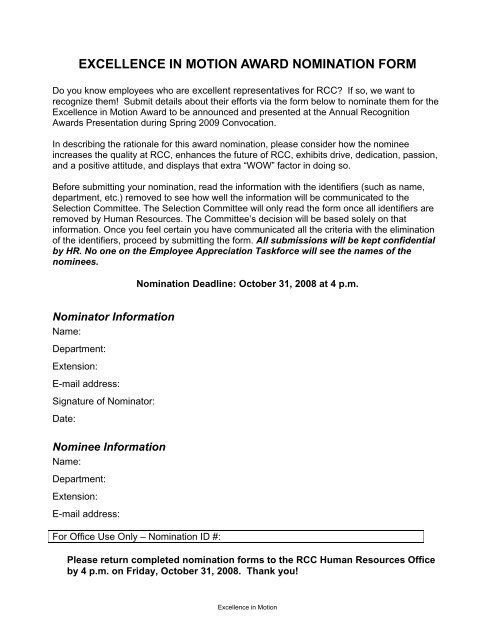 excellence in motion award nomination form - Richland Community ...