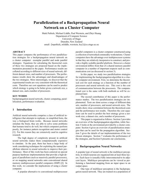 Parallelization Of A Backpropagation Neural Network On A Cluster