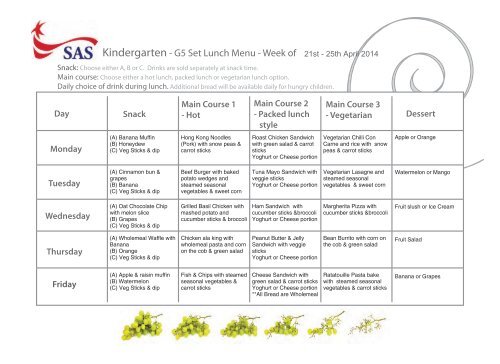 Lunch Menu for Kindergarten-Grade 5 (PDF)