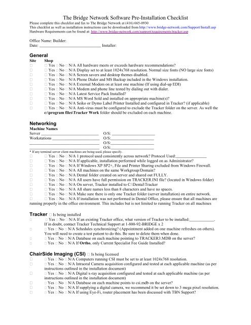 TBN Pre-Installation Checklist - Bridge Network