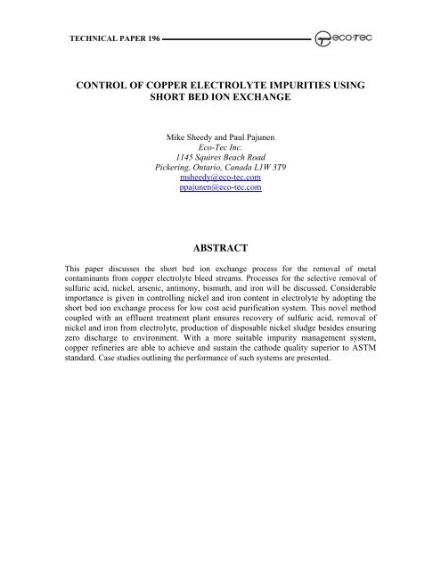 control of copper electrolyte impurities using short bed ion ... - Eco-Tec