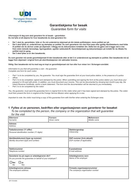 Garantiskjema for besÃƒÂ¸k Guarantee form for visits - UDI