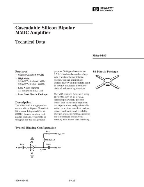 MSA-0885: Cascadable Silicon Bipolar MMIC Amplifier - nr6ca