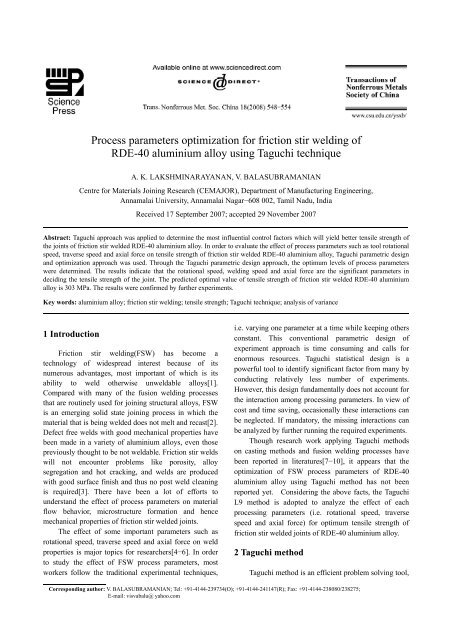 Process parameters optimization for friction stir welding of RDE-40 ...