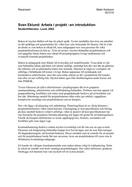 Sven Eklund: Arbeta i projekt –en introduktion