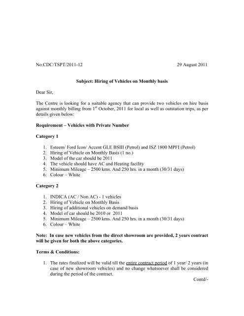 Hiring of Vehicles on monthly basis - Consultancy Development ...
