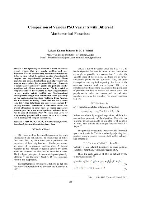 Comparison of Various PSO Variants with Different ... - IRD India