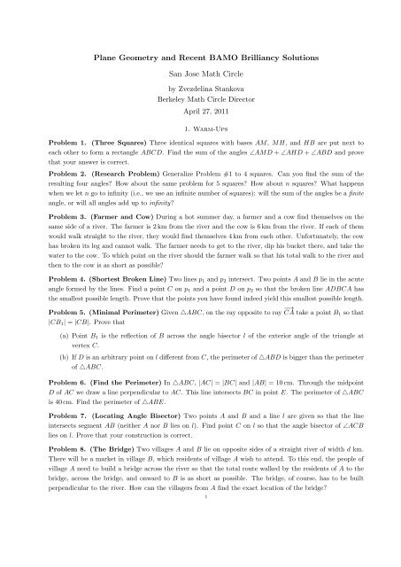 Plane Geometry problems (pdf) - San Jose Math Circle