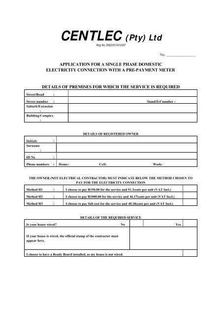 Application form for a Domestic Pre-payment Electricity coâ ¦ - Centlec