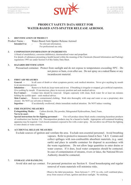 PRODUCT SAFETY DATA SHEET FOR WATER-BASED ... - SWP