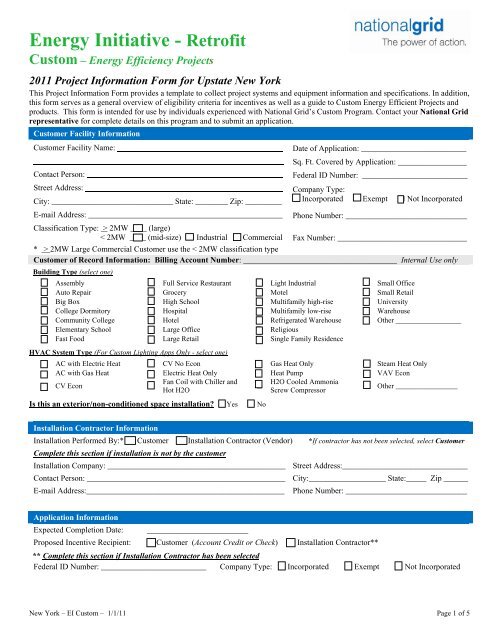 Custom Project Information Form - National Grid