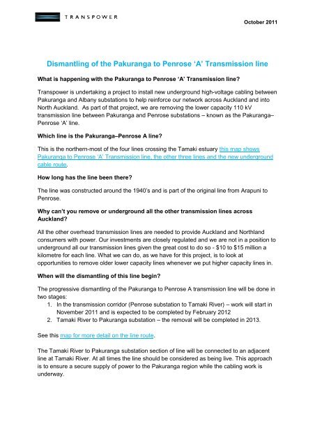 Overhead line removal Pakuranga to Penrose - Transpower