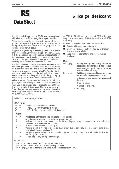 Silica Gel Dessicant Data Sheet