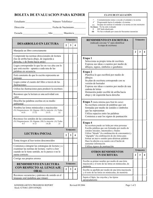 BOLETA DE EVALUACION PARA KINDER - Aurora Public Schools