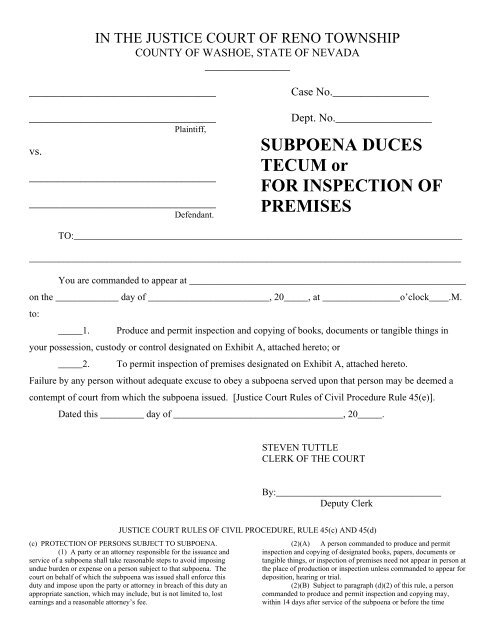 Civil Subpoena Duces Tecum - Washoe County, Nevada