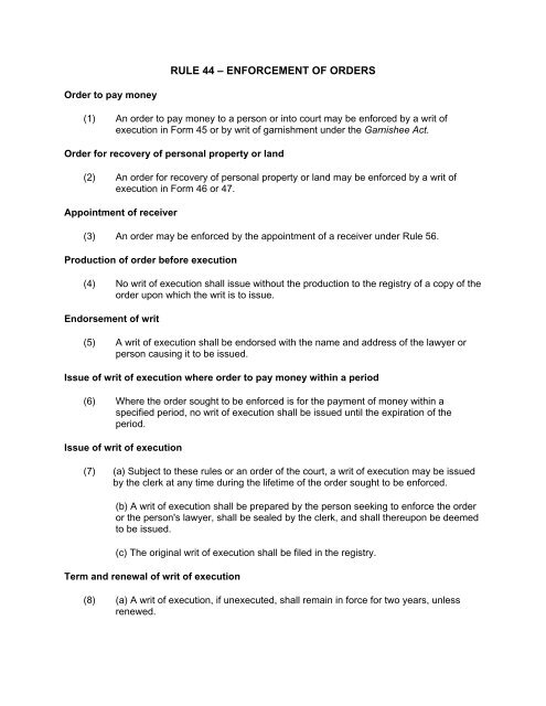 Rule 42 Ã¢Â€Â” Enforcement of Orders - Yukon Courts