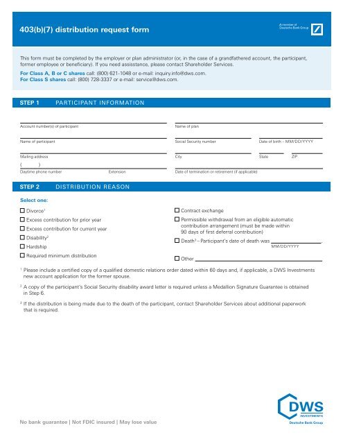 403(b)(7) Distribution Request Form - DWS Investments