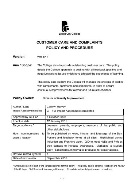 customer care and complaints policy and procedure - Leeds City ...