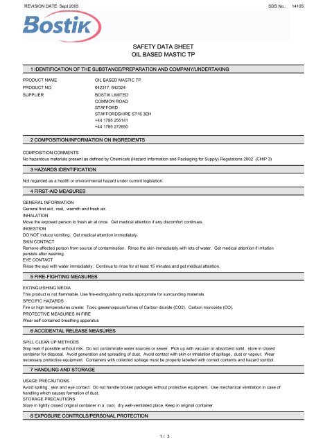 safety data sheet oil based mastic tp - Trademate Home Page