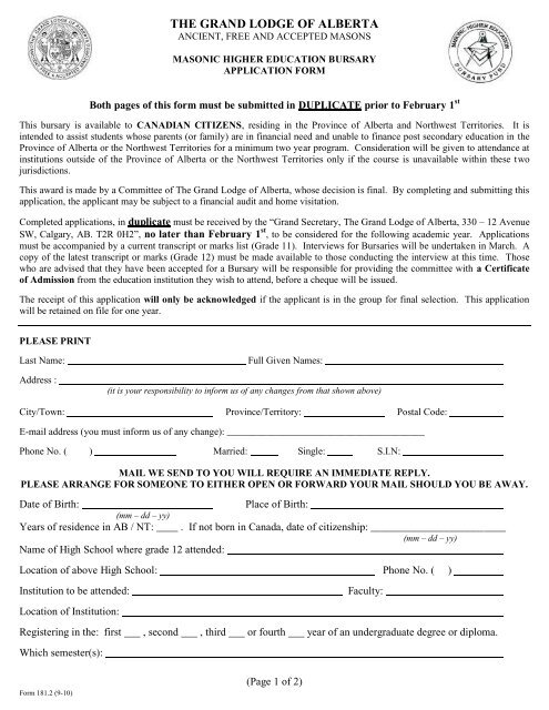 Masonic Higher Education Bursary Application Form