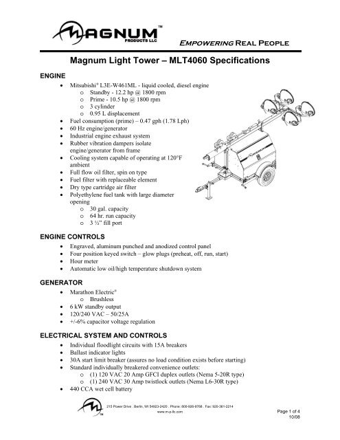 Magnum Light Tower â MLT4060 Specifications - Light Towers