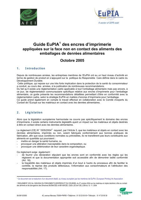 EuPIA Guidelines on Food Packaging Inks - Contact alimentaire