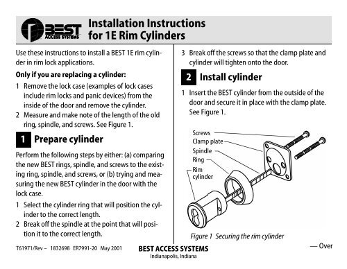 Installation Instructions for 1E Rim Cylinders - Best Access Systems