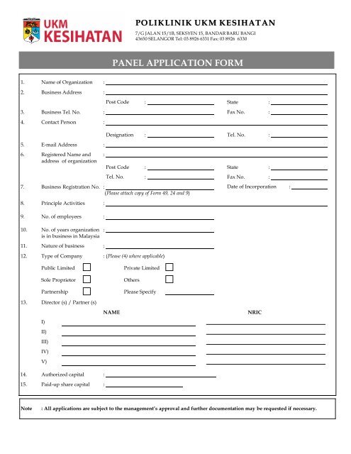 P PANEL APPLICATION FORM - UKM Kesihatan