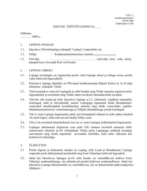 EHITUSE TÖÖVÕTULEPING Nr - Keskkonnaministeerium