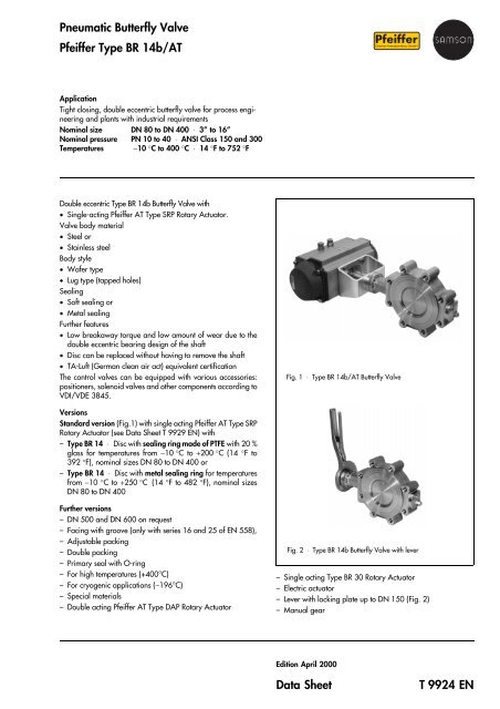 Pneumatic Butterfly Valve Pfeiffer Type BR 14b/AT ... - Rencor Controls