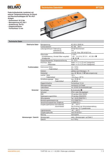 Technisches Datenblatt BFT230 - Belimo