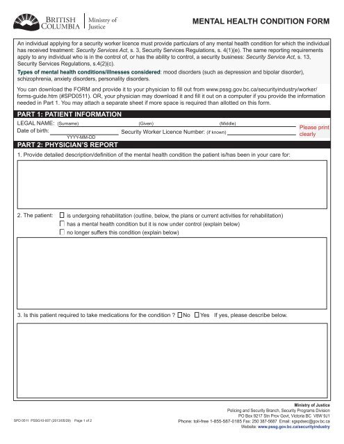 mental health condition form (SPD0511) - Ministry of Justice