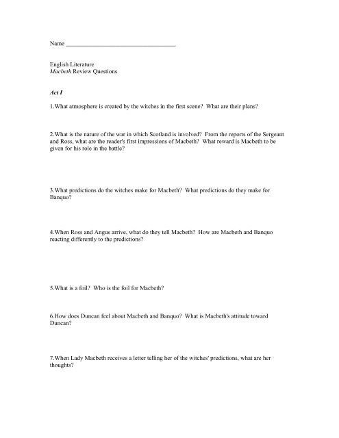 English Literature Macbeth Review Questions Act I