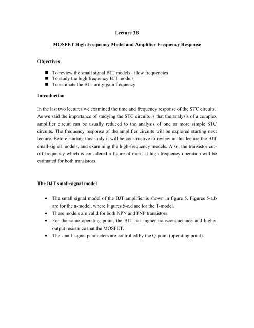 MOSFET High Frequency Model and Amplifier Frequency Response