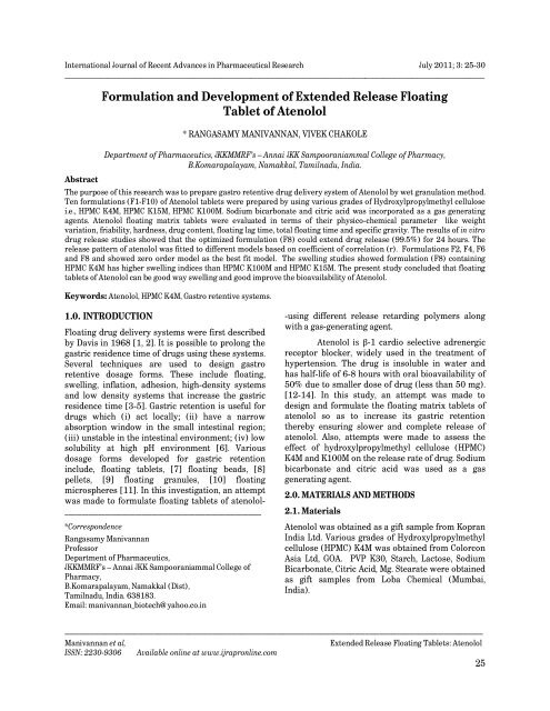Formulation And Development Of Extended Release Floating Tablet