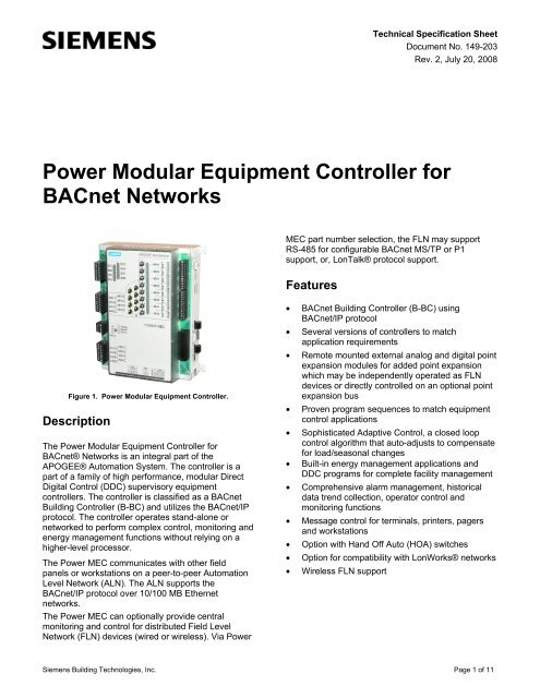 Power Modular Equipment Controller for BACnet Networks