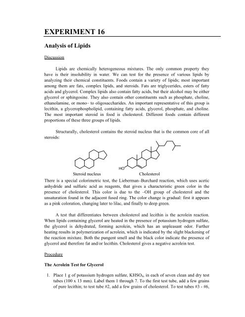 EXPERIMENT 16 Analysis Of Lipids - Moorpark College