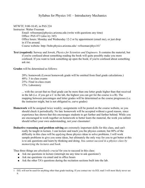 Syllabus for Physics 141 â Introductory Mechanics