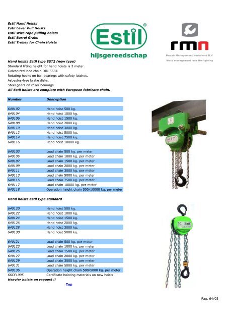 Estil Hand Hoists Estil Lever Pull Hoists Estil Wire rope pulling ...